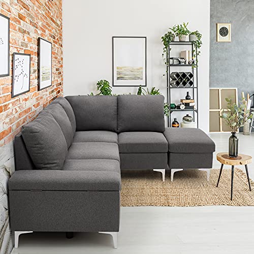 Esright Right Facing Sectional Sofa with Ottoman,Convertible Corner Couches with Armrest Storage, Sectional Couch for Living Room & Apartment, Right Chaise & Gray