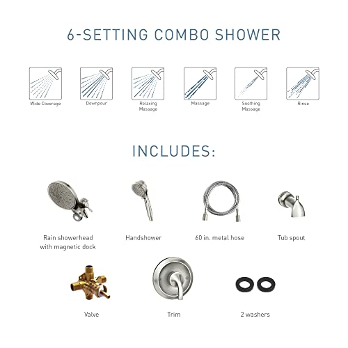 Moen Engage Magnetix Spot Resist Brushed Nickel Multi-Function Handshower and Rainfall Shower Head Trim Combo with Shower Handle, Tub Spout, Metal Hose and Valve, 82304SRN