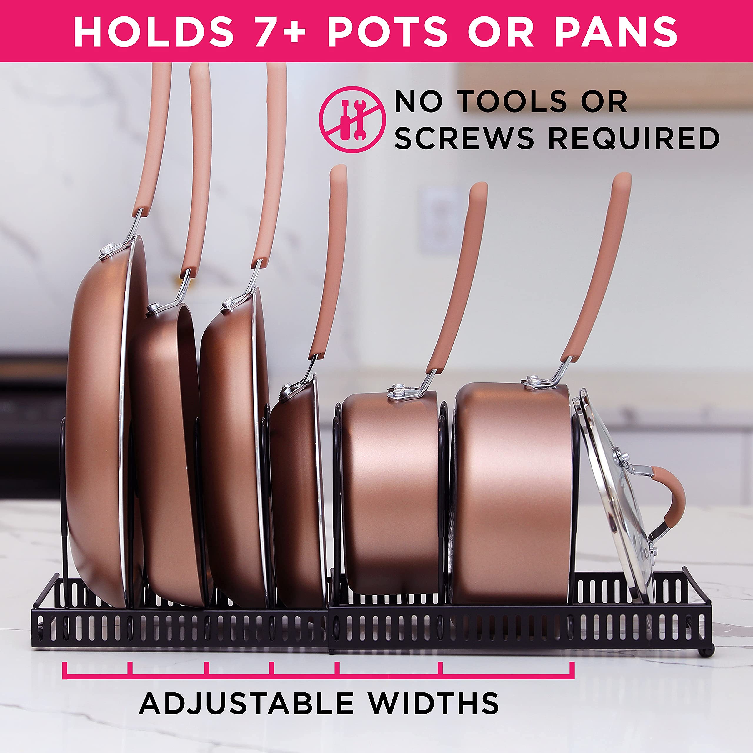 Berry Ave Adjustable Pan Organizer and Pot Rack with 8 Tiers, Rustproof Kitchen Cabinet Storage Organizer For Heavy Pots Pans and Cookware, Display On Counter w/ 3 Easy DIY Options