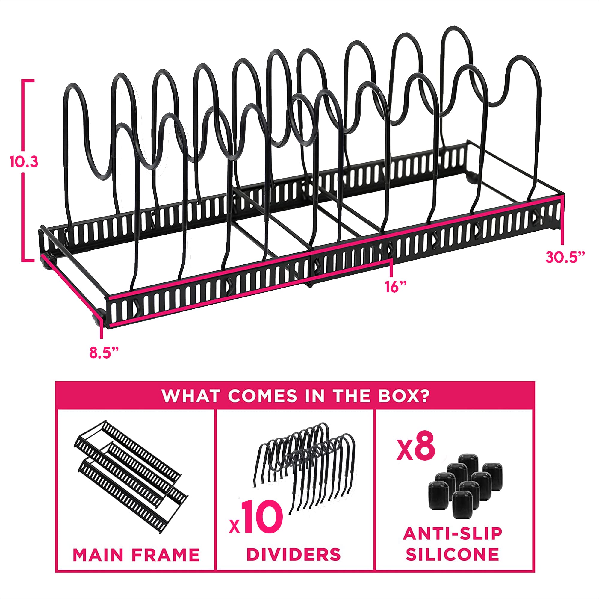 Berry Ave Adjustable Pan Organizer and Pot Rack with 8 Tiers, Rustproof Kitchen Cabinet Storage Organizer For Heavy Pots Pans and Cookware, Display On Counter w/ 3 Easy DIY Options