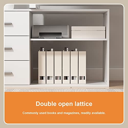 FUFU&GAGA 55.1" Large L-Shaped Office Desk with 41.3" File Cabinet, Corner Computer Desk with 3 Drawers & 2 Shelves, Workstation Executive Desk with Storage Shelf for Home Office (White)