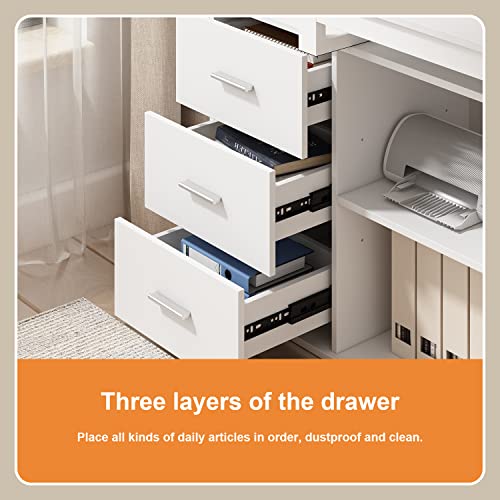 FUFU&GAGA 55.1" Large L-Shaped Office Desk with 41.3" File Cabinet, Corner Computer Desk with 3 Drawers & 2 Shelves, Workstation Executive Desk with Storage Shelf for Home Office (White)