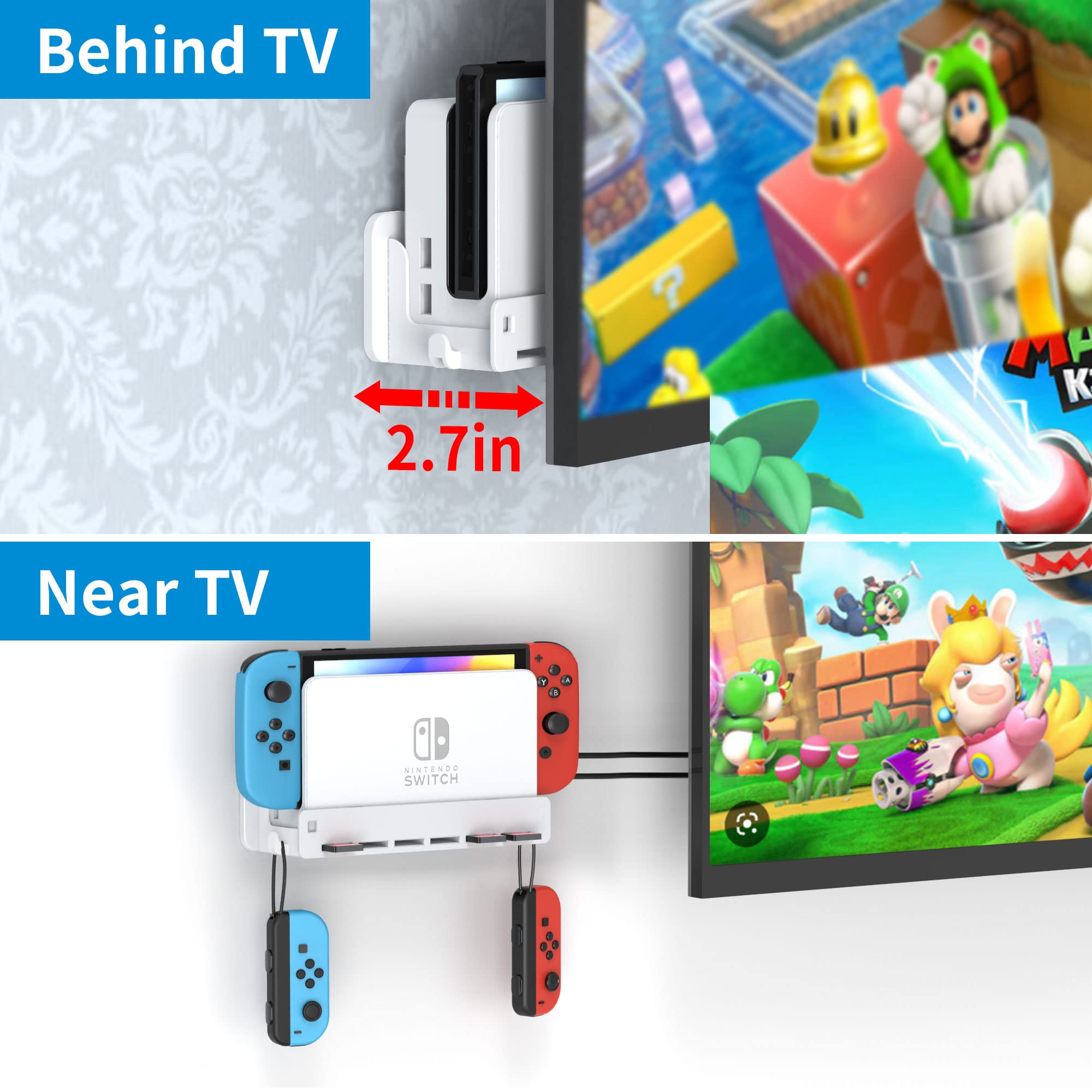 SOKUSIN Wall Mount for Nintendo Switch/OLED - Wall Mount Kit Shelf Stand for Safely Store Your Console, Dock, Games, Controller Near/Behind TV (White)