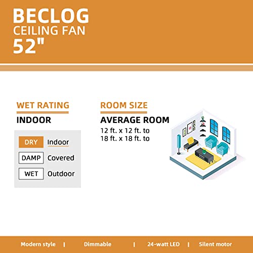 BECLOG Black Outdoor Ceiling Fans, 52" Ceiling Fans with Lights, 6-Speed Reversible DC Motor-Black