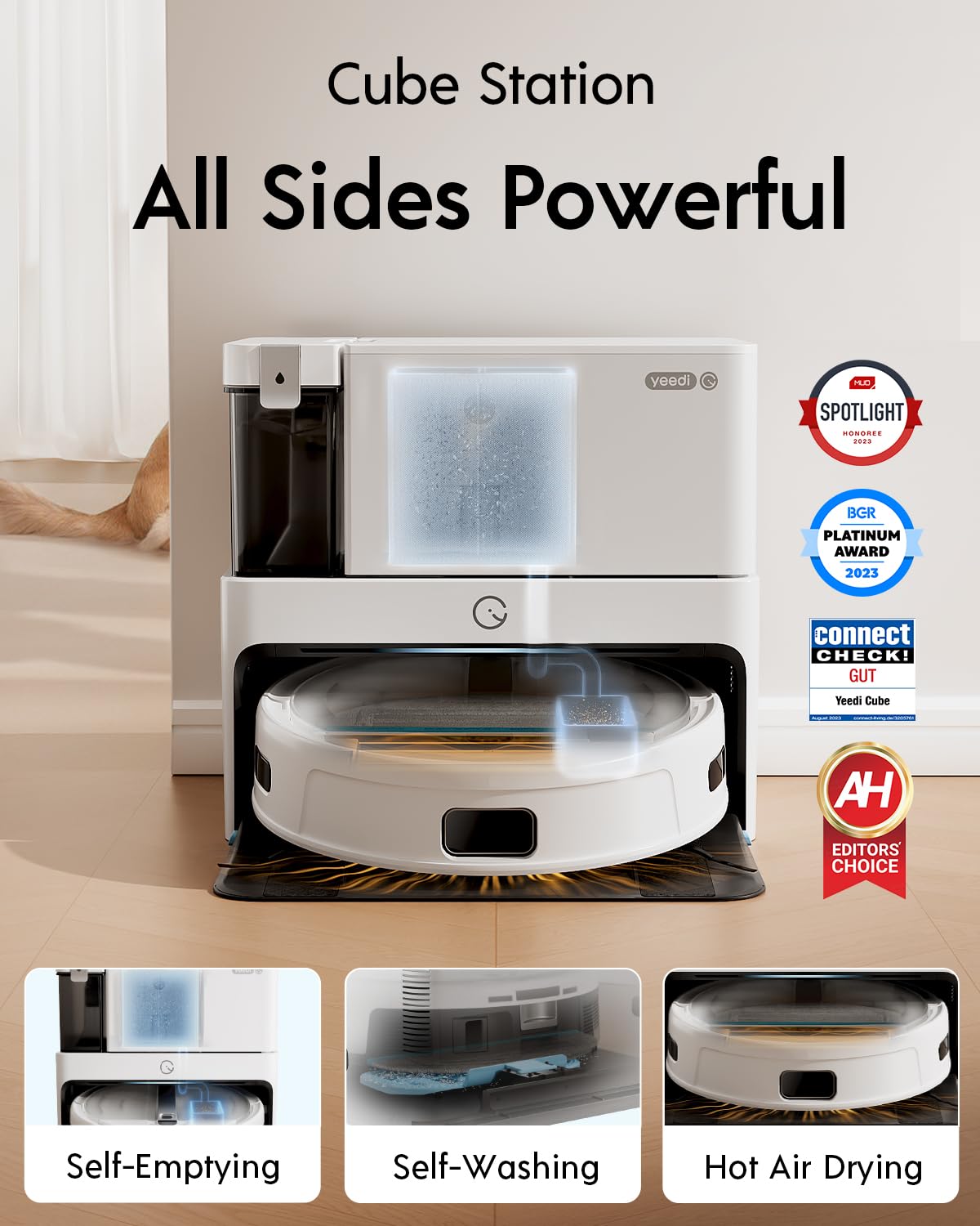 Yeedi Cube Robot Vacuum and Mop, Self Mop Drying and Washing, Self Emptying, 8mm Auto Mop Lifting, 2cm Obstacle Climbing, Sonic Mopping, 1L Water Tank, for Hard Floors, Carpet