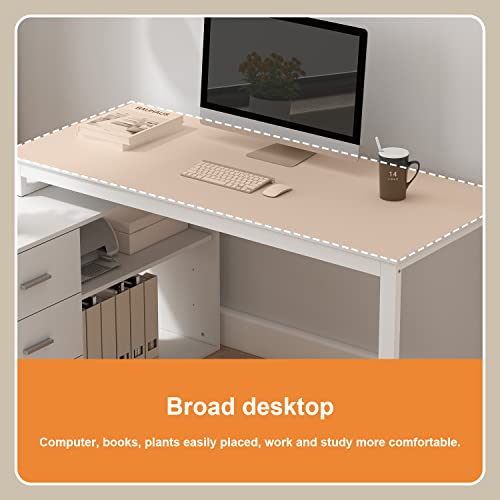 FUFU&GAGA 55.1" Large L-Shaped Office Desk with 41.3" File Cabinet, Corner Computer Desk with 3 Drawers & 2 Shelves, Workstation Executive Desk with Storage Shelf for Home Office (White)