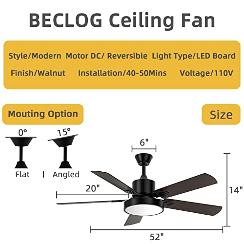 BECLOG Black Outdoor Ceiling Fans, 52" Ceiling Fans with Lights, 6-Speed Reversible DC Motor-Black