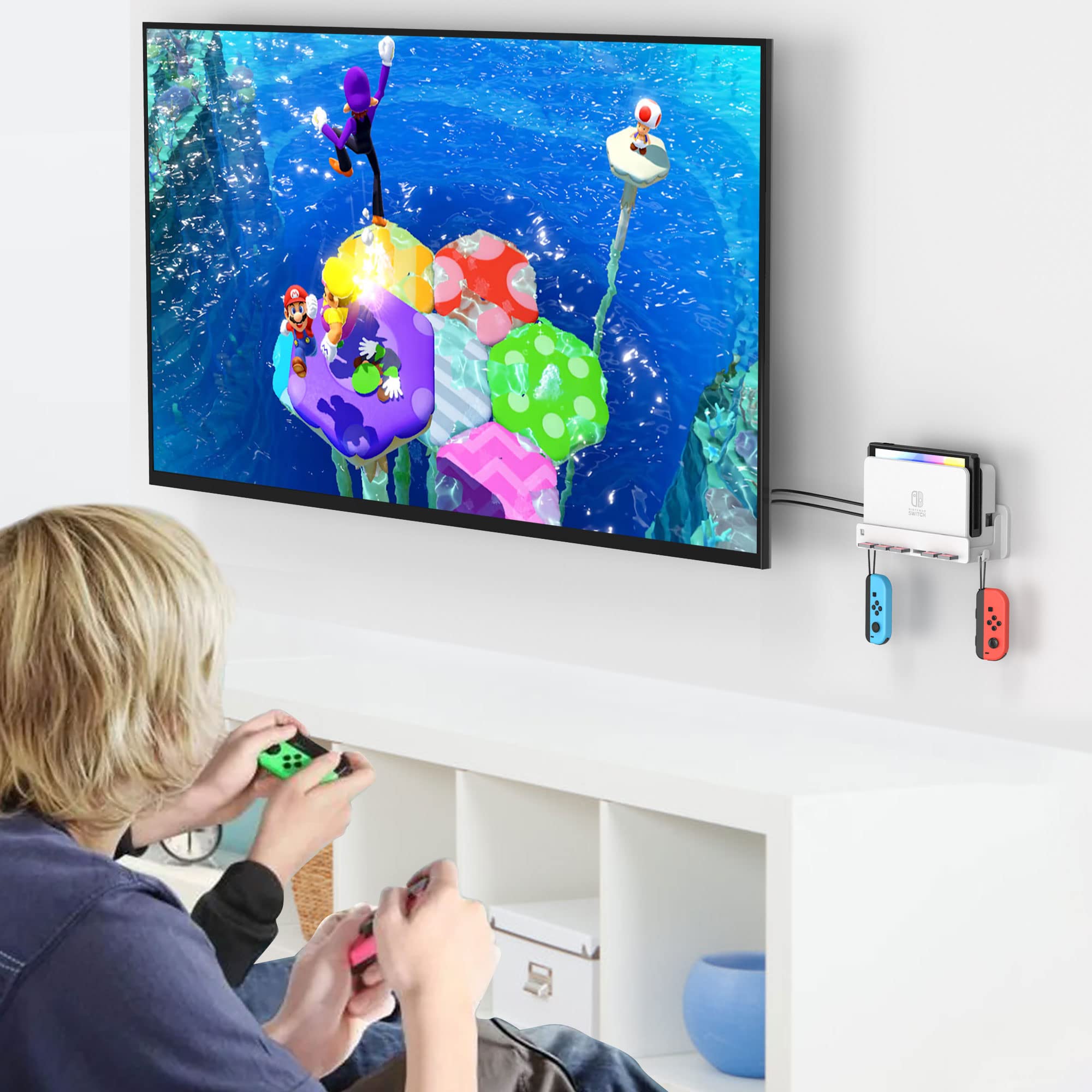SOKUSIN Wall Mount for Nintendo Switch/OLED - Wall Mount Kit Shelf Stand for Safely Store Your Console, Dock, Games, Controller Near/Behind TV (White)