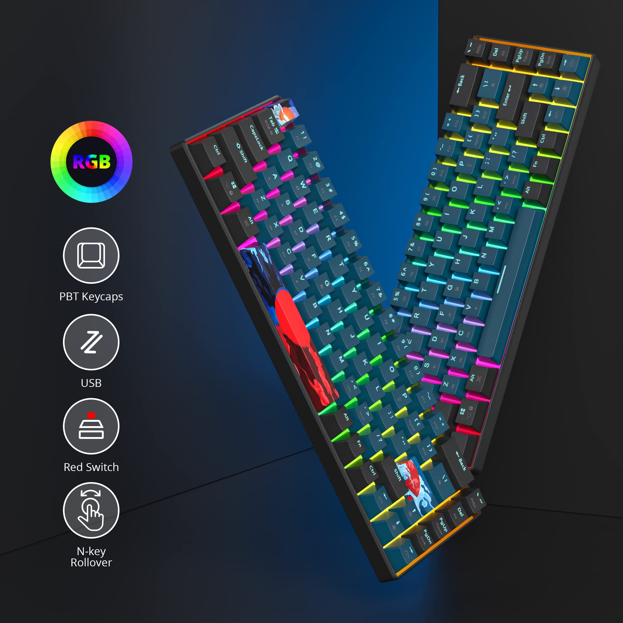 Ussixchare 65 Percent Mechanical Gaming Keyboard 68 Keys RGB Gaming Keyboard with Red Switch Wired Keyboard for Windows PS4/5 Xbox Gamers(68 Monster)