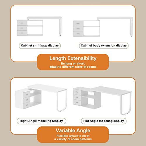 FUFU&GAGA 55.1" Large L-Shaped Office Desk with 41.3" File Cabinet, Corner Computer Desk with 3 Drawers & 2 Shelves, Workstation Executive Desk with Storage Shelf for Home Office (White)