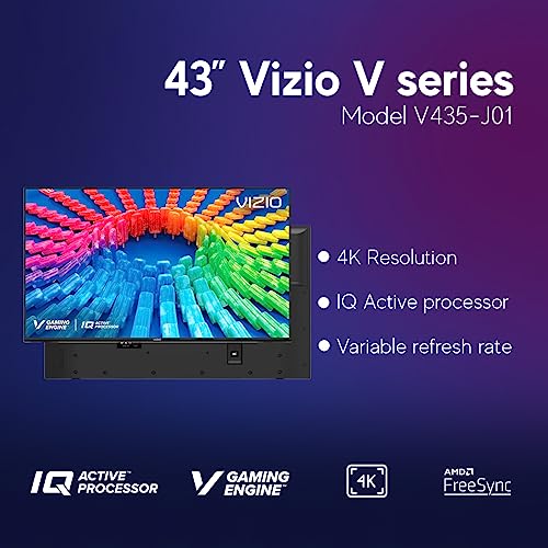 VIZIO 43-Inch Class HDR 4K UHD Smart LED TV Compatible with Netflix, Disney+, Apple TV, Works with Siri, Alexa, and Google Assistant + Free Wall Mount (No Stands) - V435-J01 (Renewed)