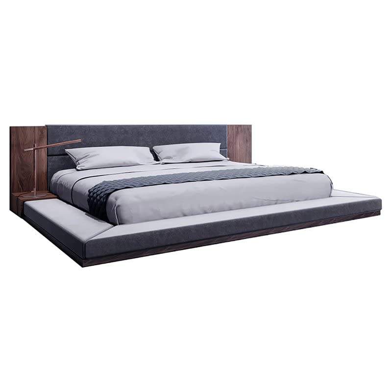 Limari Home Cimarron Collection Modern Fabric Upholstered Walnut Veneer Finished Platform Bed with Built-In Nightstands, Queen, Gray, Brown
