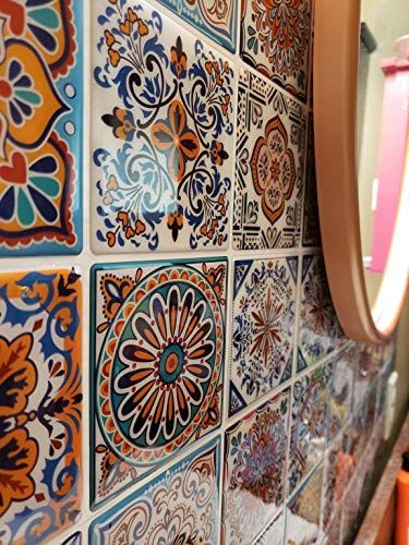 Peel and Stick Backsplash Tile Stickers, Colorful Talavera Mexican Tile, Stick on Wall Tiles (10 Sheets)