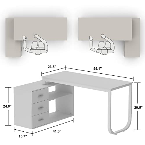 FUFU&GAGA 55.1" Large L-Shaped Office Desk with 41.3" File Cabinet, Corner Computer Desk with 3 Drawers & 2 Shelves, Workstation Executive Desk with Storage Shelf for Home Office (White)