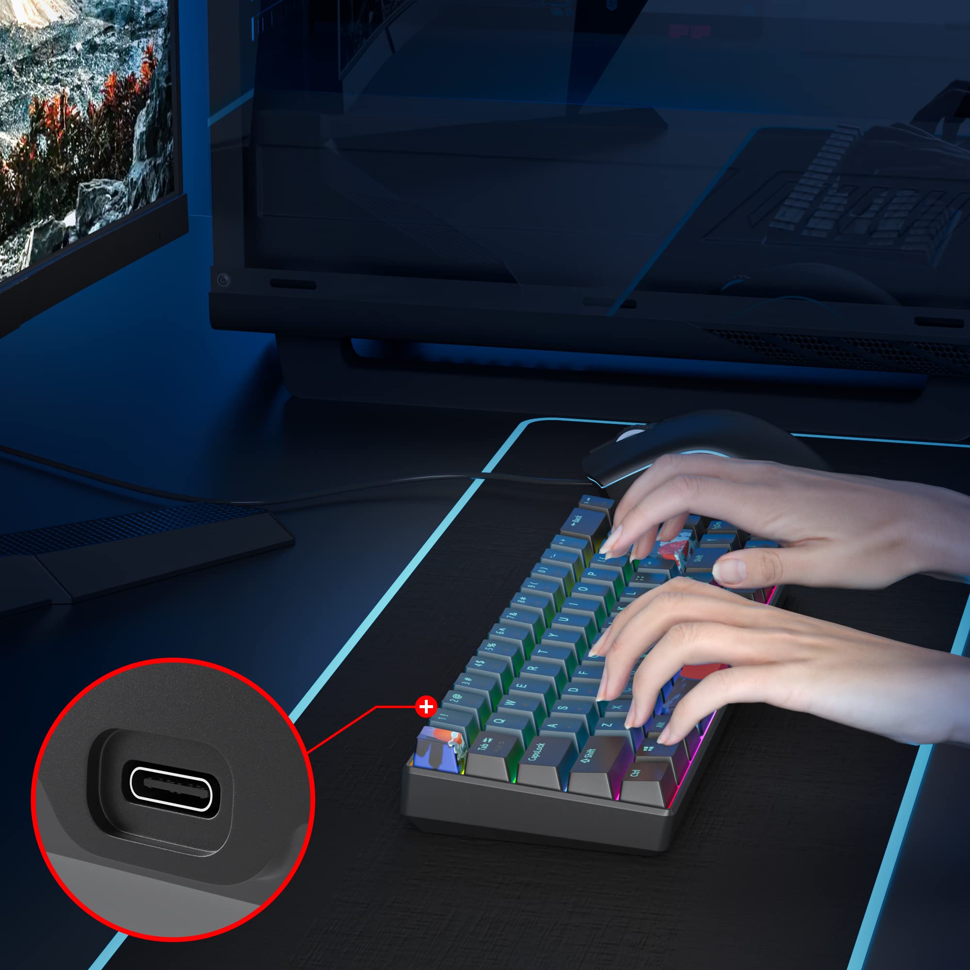 Ussixchare 65 Percent Mechanical Gaming Keyboard 68 Keys RGB Gaming Keyboard with Red Switch Wired Keyboard for Windows PS4/5 Xbox Gamers(68 Monster)