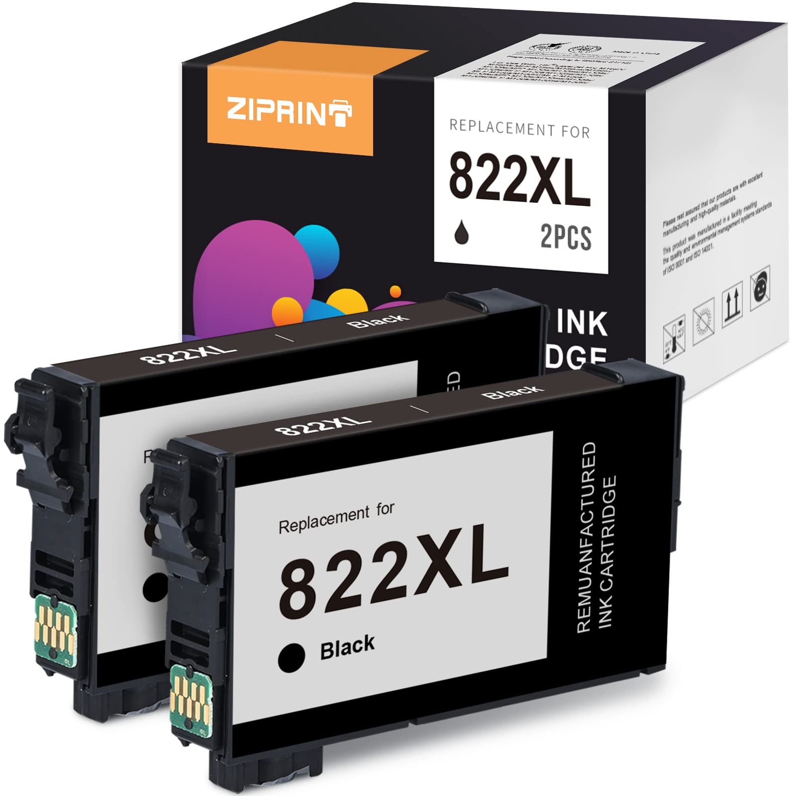 ZIPRINT Remanufactured Ink Cartridge Replacement for EPSON 822XL 822 XL T822XL to use with Workforce Pro WF-4830 WF-3820 WF-4834 WF-4820 Printer (2Black)