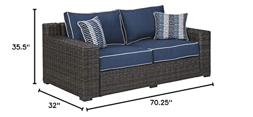 Signature Design by Ashley Grasson Lane Modern Farmhouse Outdoor Patio Loveseat, Brown & Blue