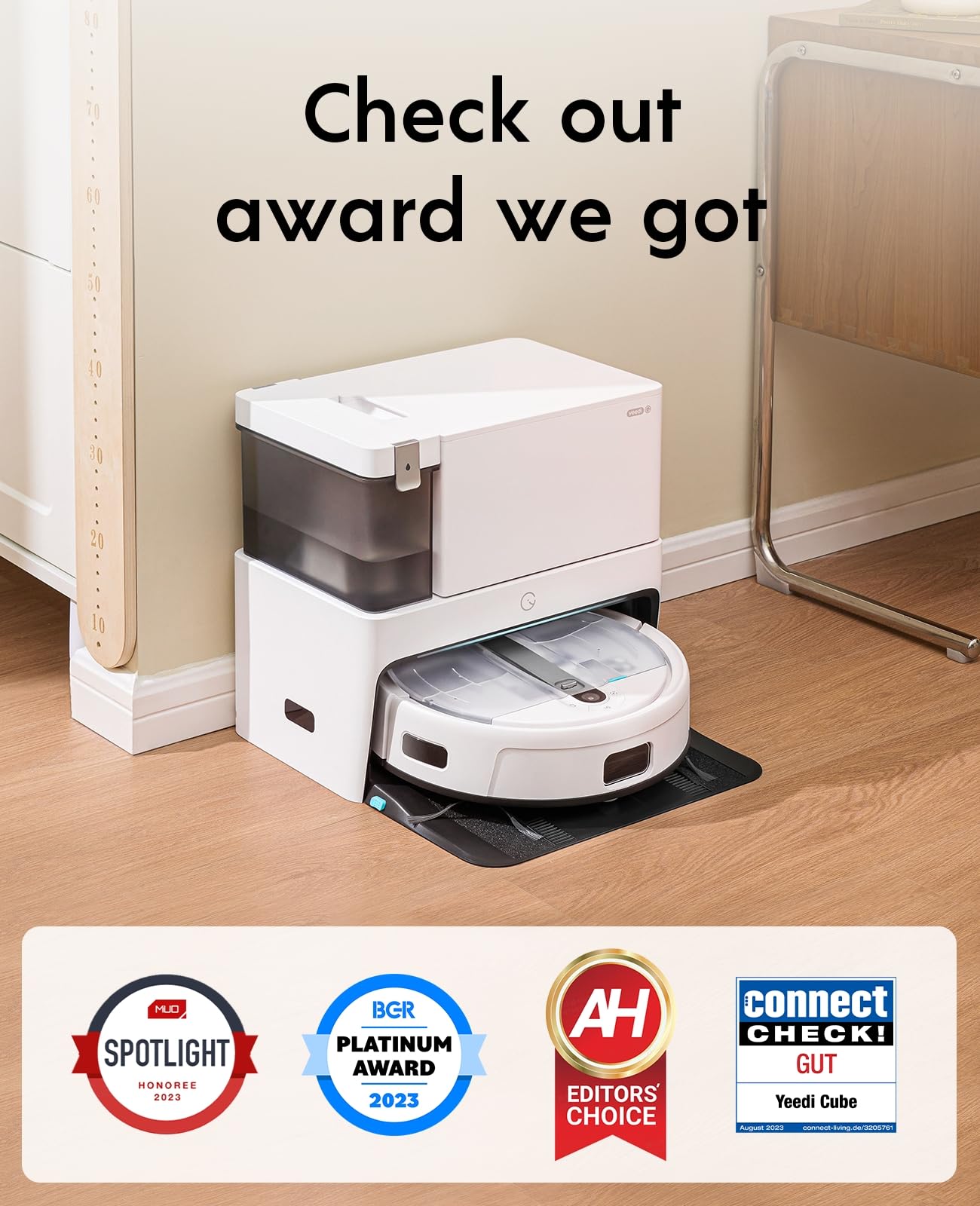 Yeedi Cube Robot Vacuum and Mop, Self Mop Drying and Washing, Self Emptying, 8mm Auto Mop Lifting, 2cm Obstacle Climbing, Sonic Mopping, 1L Water Tank, for Hard Floors, Carpet