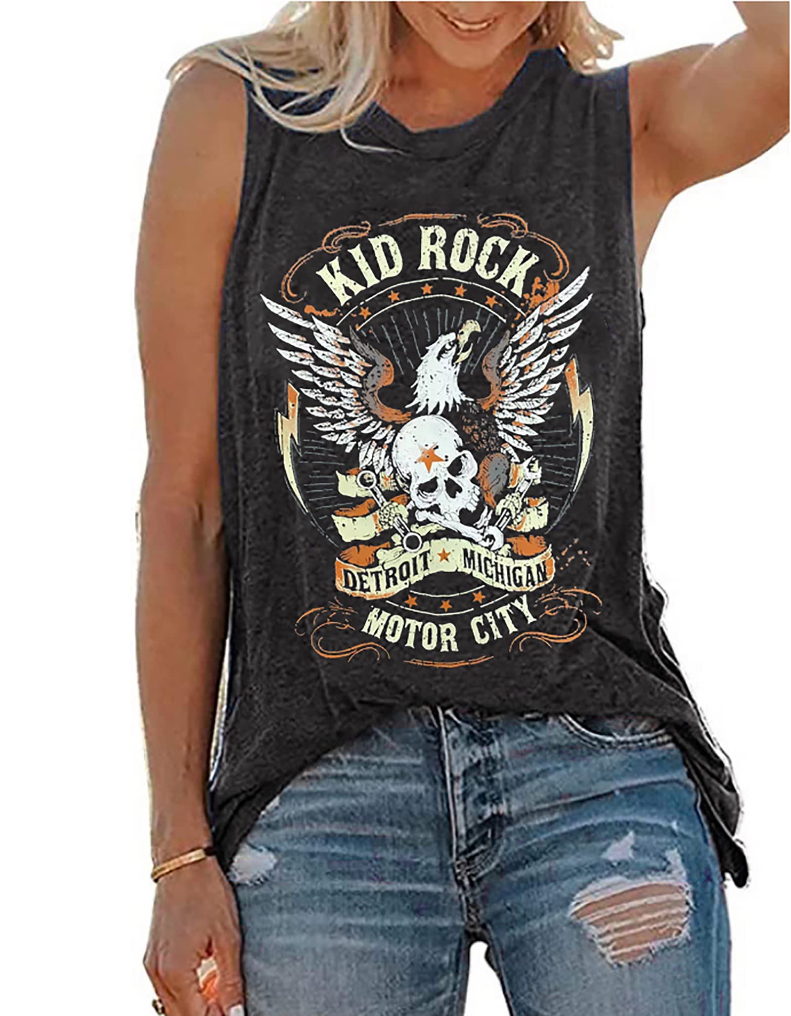Kid Rock Skeleton Eagle Tank Top for Women Vintage Country Music Shirts Summer Sleeveless Graphic Tops(Medium,Grey)