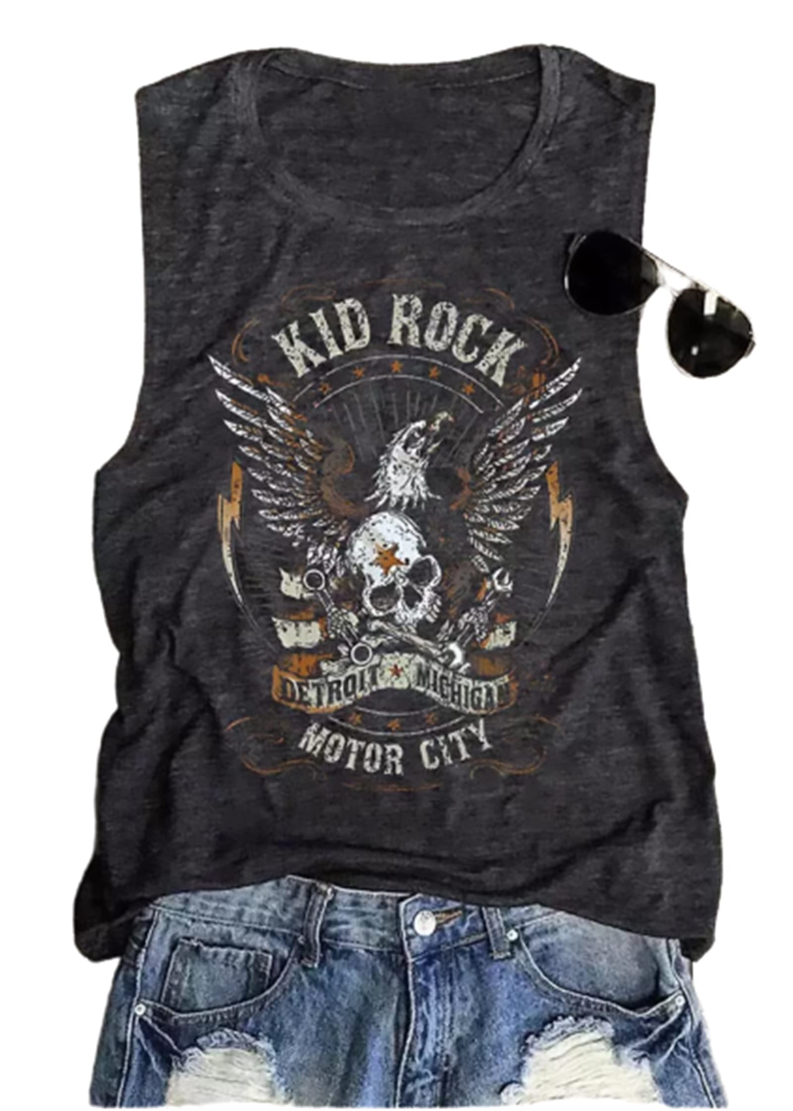 Kid Rock Skeleton Eagle Tank Top for Women Vintage Country Music Shirts Summer Sleeveless Graphic Tops(Medium,Grey)