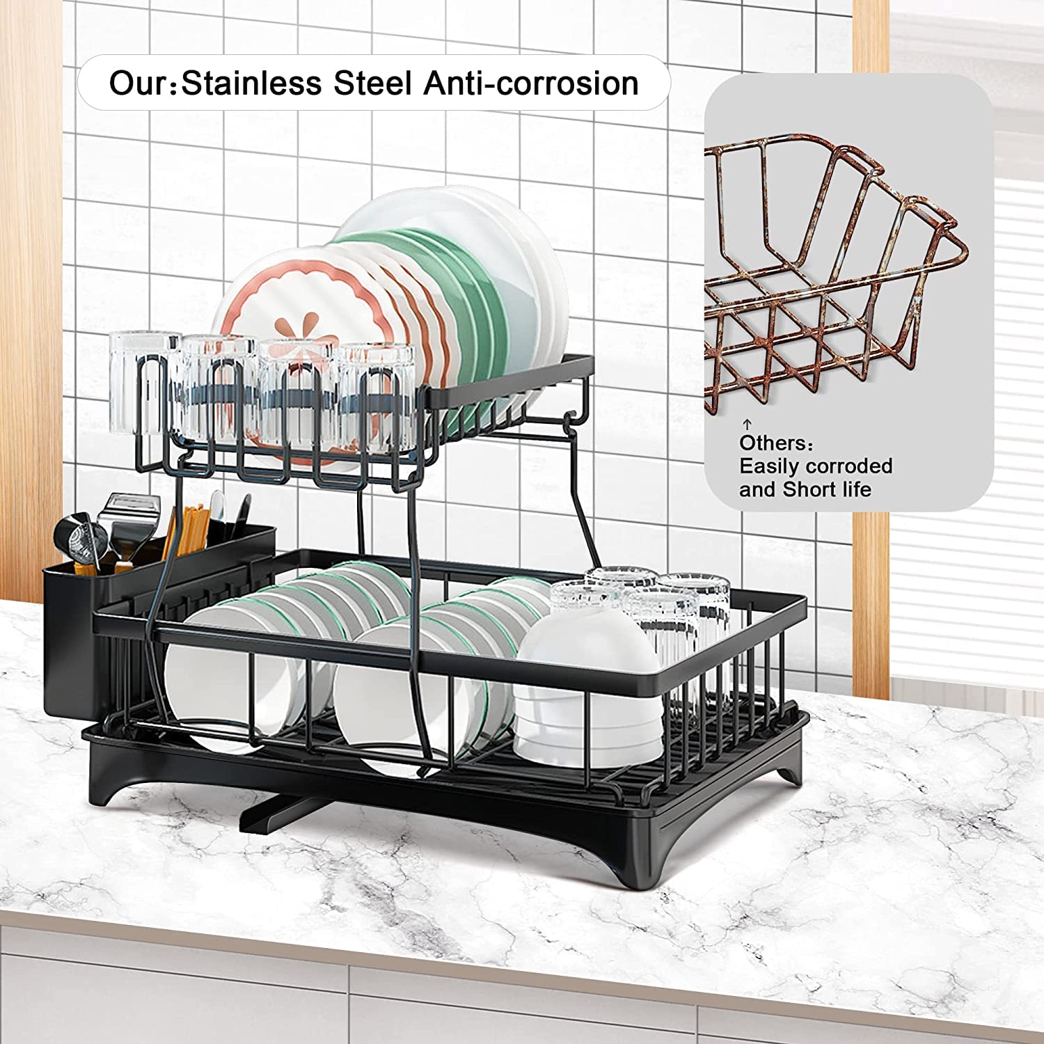 Dish Drying Rack for Kitchen Counter, 2 Tier Large Kitchen Drying Rack with Drainboard, Anti-Rust Stainless Steel Dish Drainer with Utensil Holder Wine Glass Holder for Cup Bowl Plate