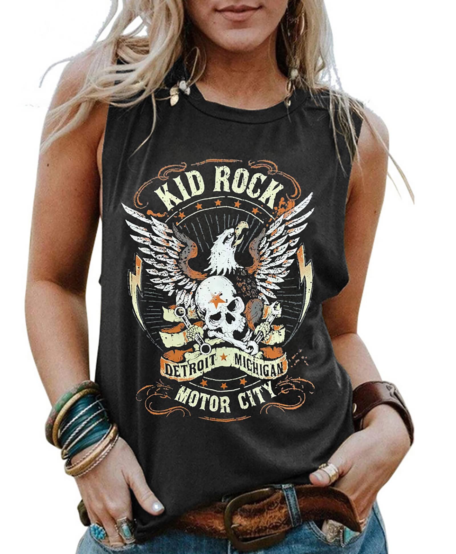 Kid Rock Skeleton Eagle Tank Top for Women Vintage Country Music Shirts Summer Sleeveless Graphic Tops(Medium,Grey)
