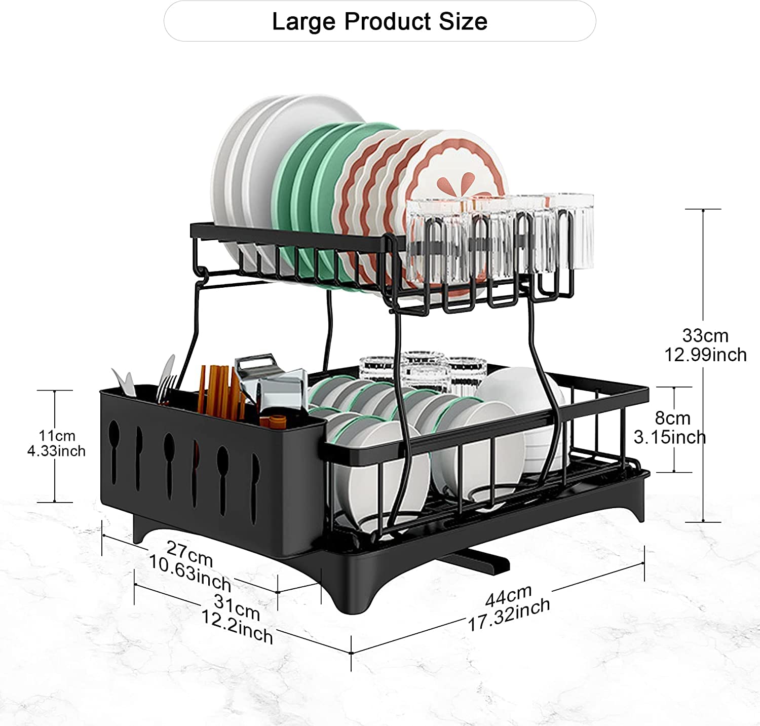 Dish Drying Rack for Kitchen Counter, 2 Tier Large Kitchen Drying Rack with Drainboard, Anti-Rust Stainless Steel Dish Drainer with Utensil Holder Wine Glass Holder for Cup Bowl Plate