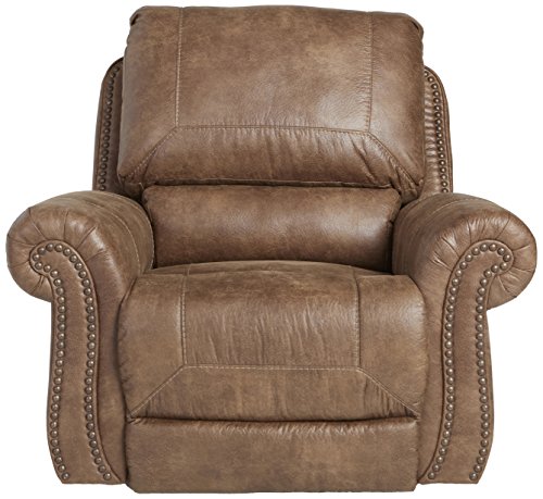 Signature Design by Ashley Larkinhurst Faux Leather Manual Rocker Recliner with Nailhead Trim, Brown