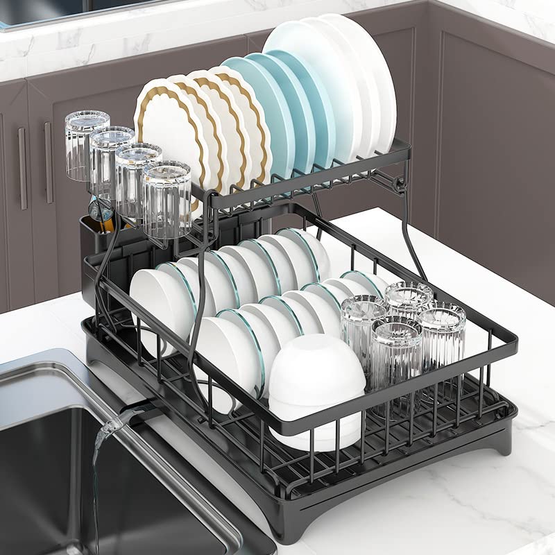Dish Drying Rack for Kitchen Counter, 2 Tier Large Kitchen Drying Rack with Drainboard, Anti-Rust Stainless Steel Dish Drainer with Utensil Holder Wine Glass Holder for Cup Bowl Plate