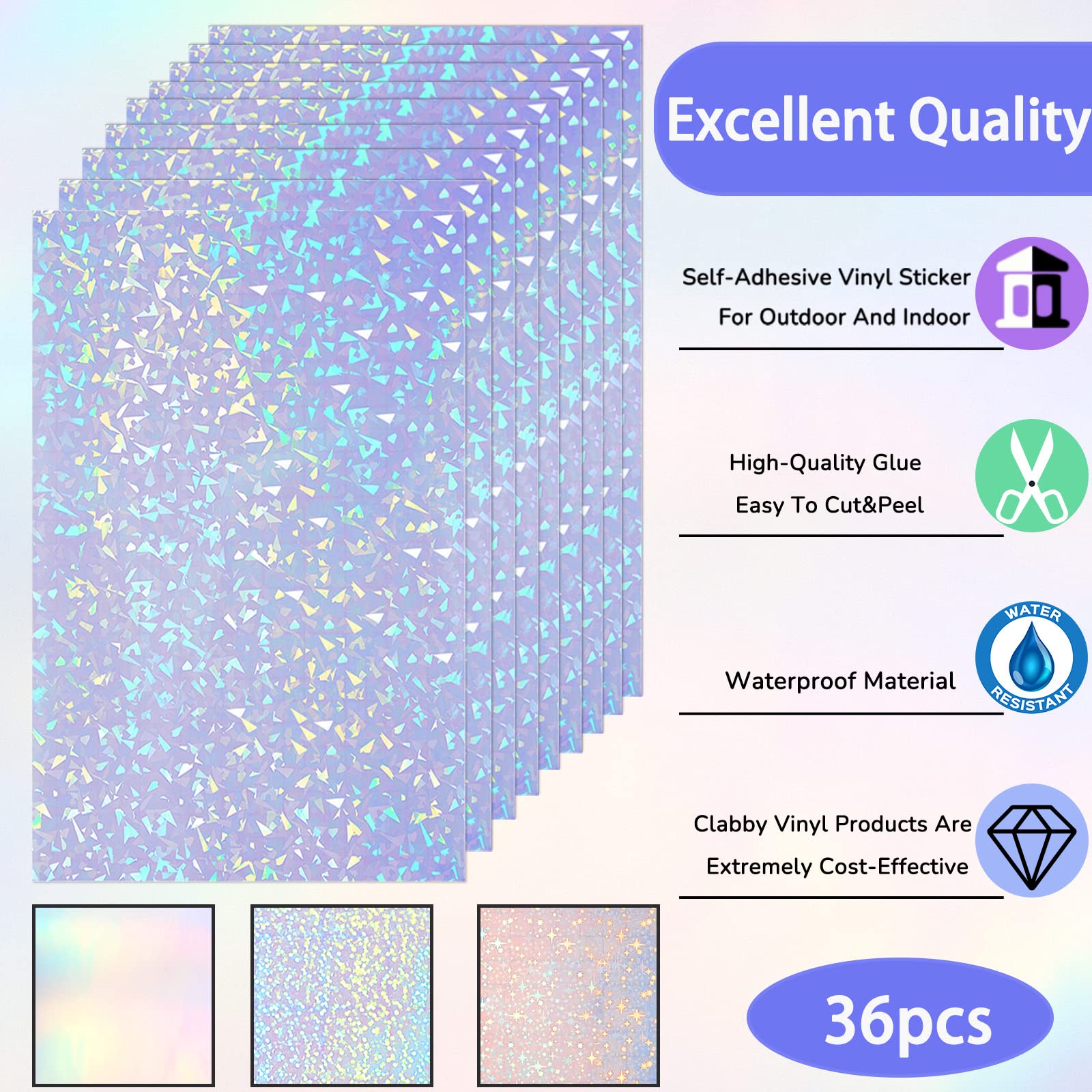 36 Sheets Holographic Sticker Paper Clear A4 Vinyl Sticker Paper Self-Adhesive Waterproof Transparent Film with Gem Spot Rainbow Star Patterns, 11.7 x 8.3 Inch (Gem, Dot, Colorful, Star)