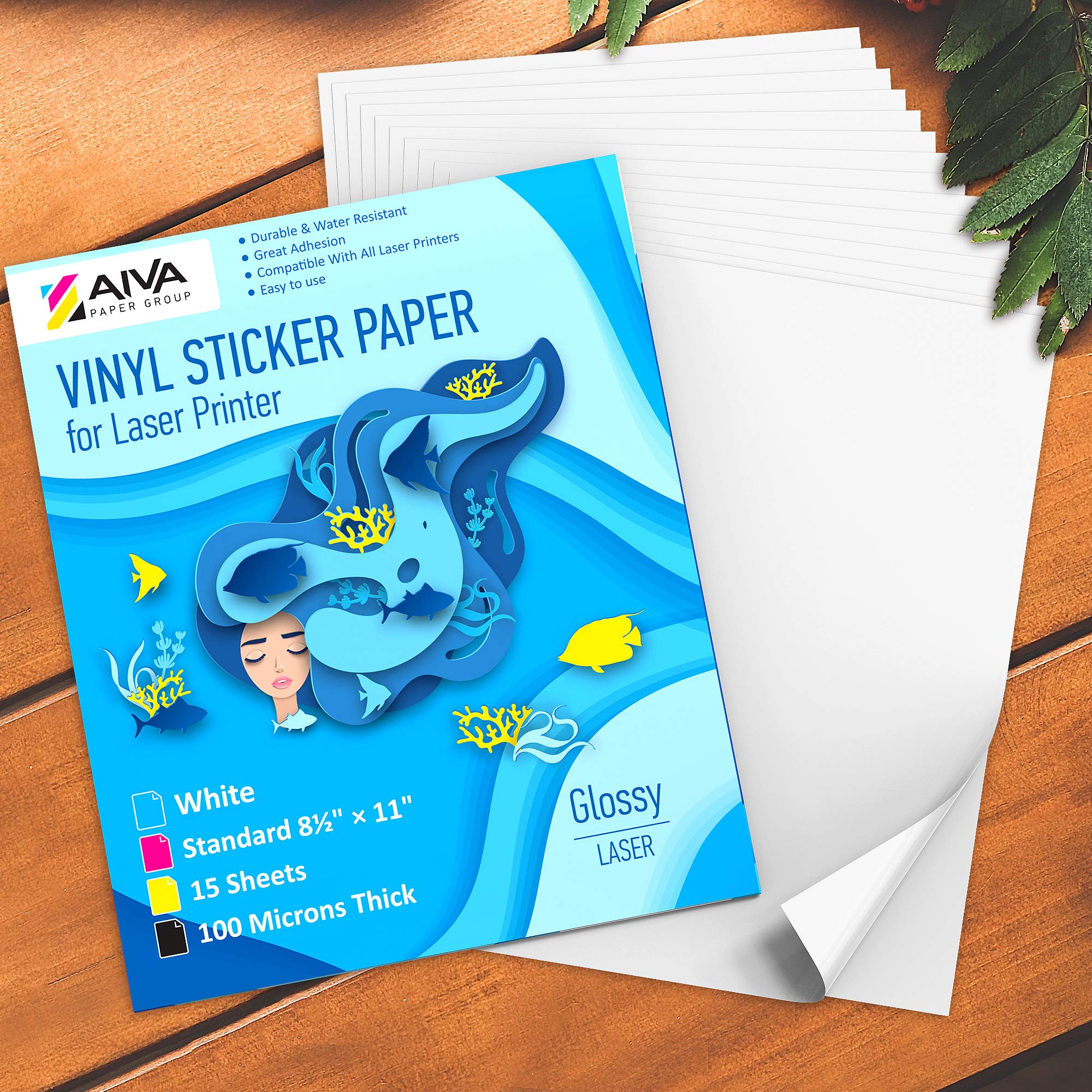 Printable Vinyl Sticker Paper for Laser Printer - Glossy White - 15 Self-Adhesive Sheets - Waterproof Decal Paper - Standard Letter Size 8.5"x11"