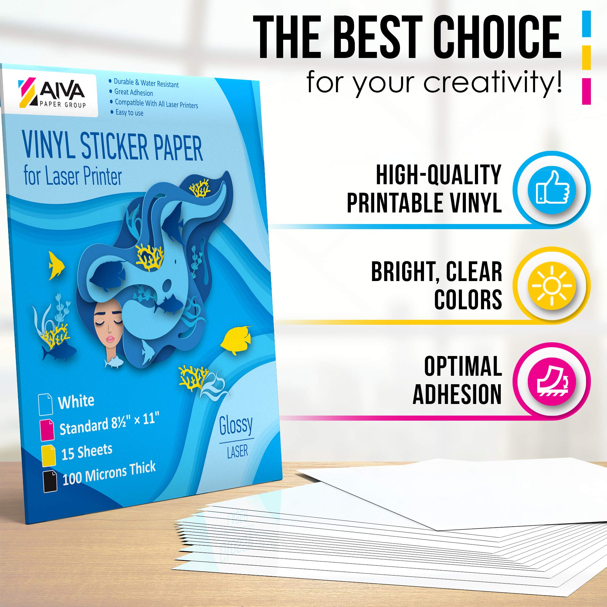 Printable Vinyl Sticker Paper for Laser Printer - Glossy White - 15 Self-Adhesive Sheets - Waterproof Decal Paper - Standard Letter Size 8.5"x11"