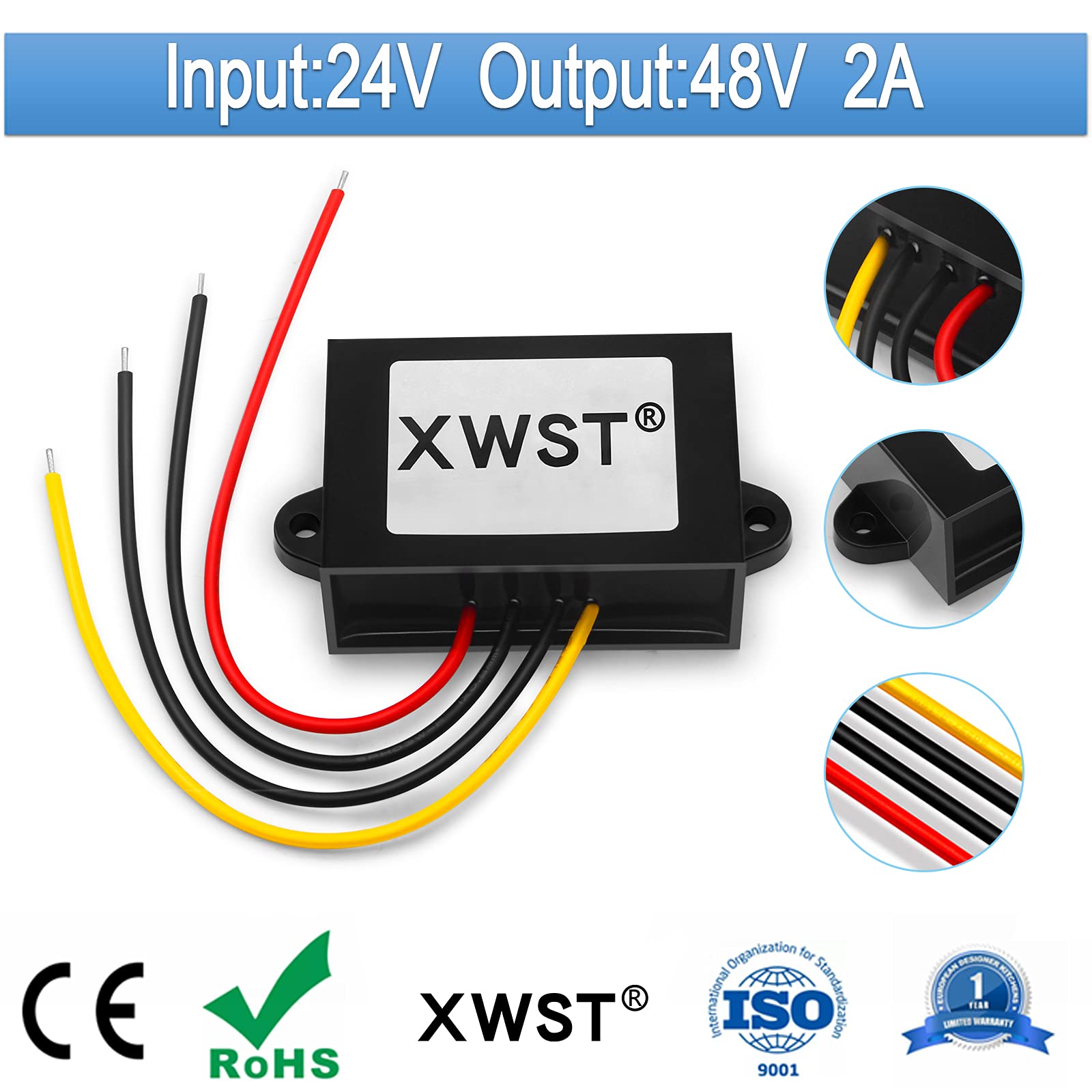 XWST DC 24V Step up to 48V 2A 96W Converter Voltage Converter, 48Volt regulator Waterproof DC/DC Boost Transformer Power Supply (24V to 48V 2A)