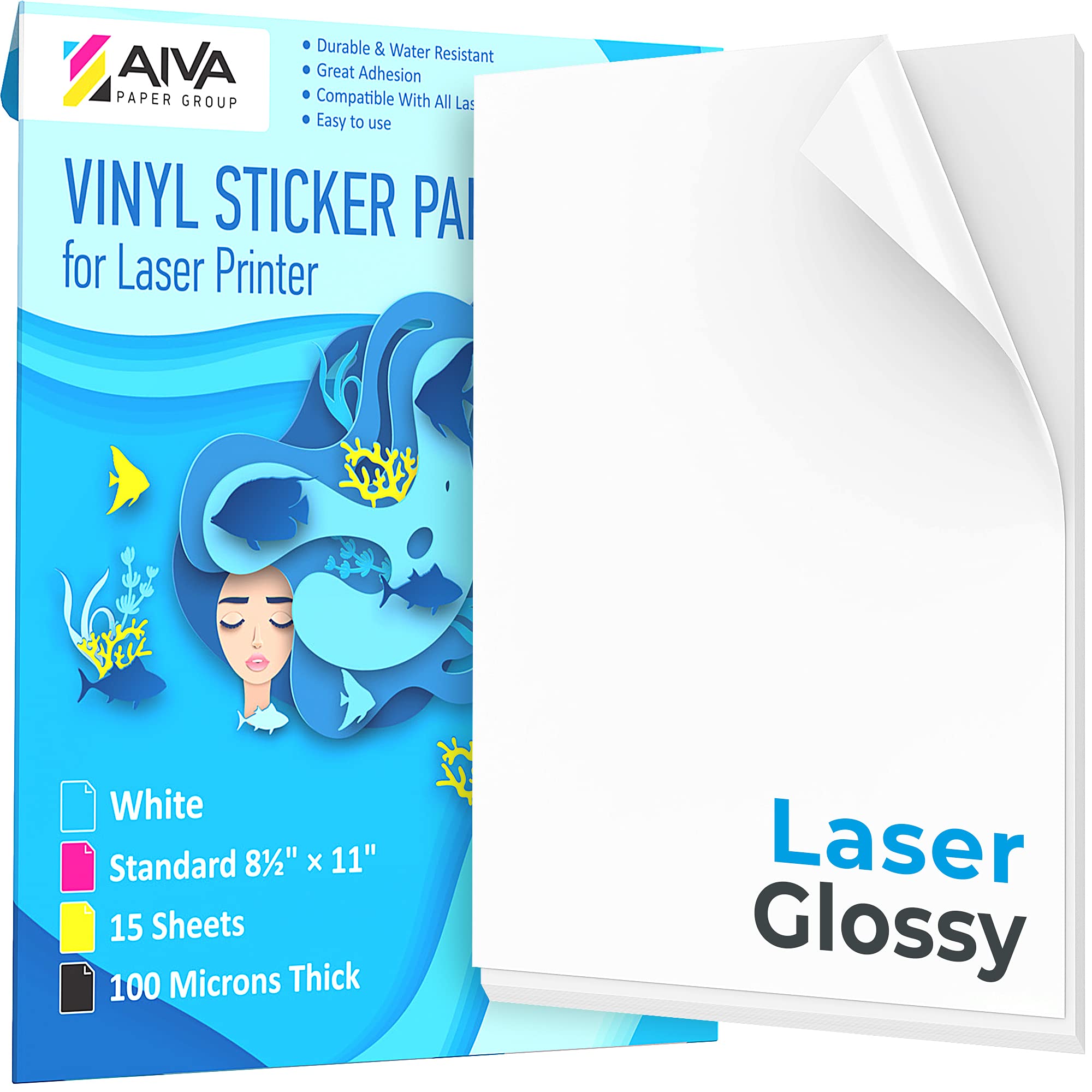 Printable Vinyl Sticker Paper for Laser Printer - Glossy White - 15 Self-Adhesive Sheets - Waterproof Decal Paper - Standard Letter Size 8.5"x11"