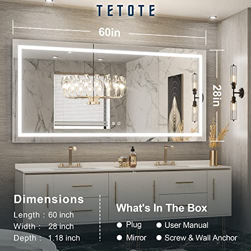 TETOTE LED Bathroom Mirror LED Mirror 60 x 28 Bathroom Mirror with Lights Bedroom LED Vanity Mirror Makeup Mirror Dimmable Anti-Fog Wall Mounted Birthday Gift Room Decor