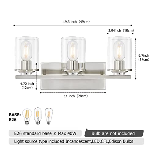 SADENICEL Brushed Nickel Bathroom Vanity Light, 3-Light Metal Wall Sconce Fixtures for Bathroom Lighting (Brushed Nickel, 3 Light)