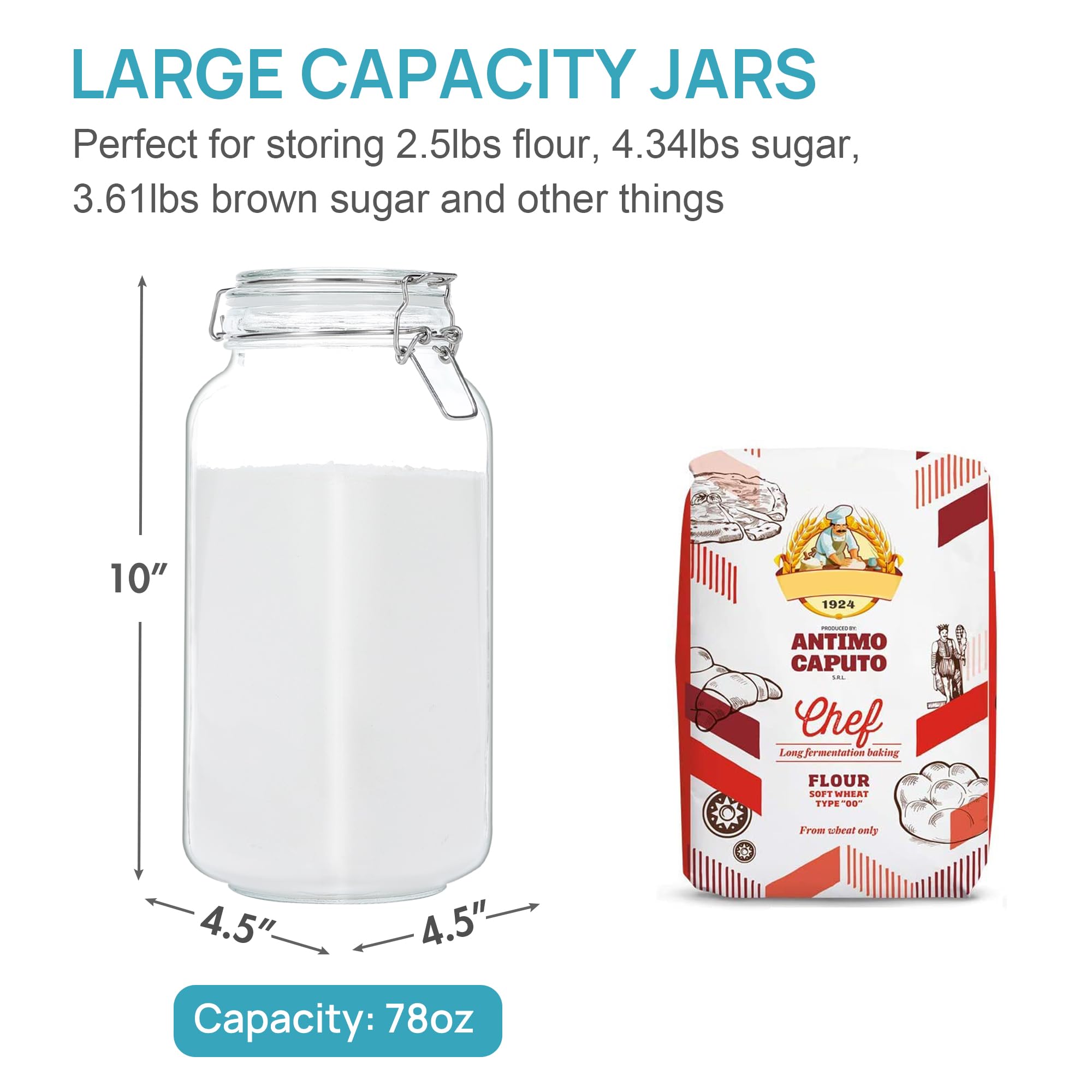 Vtopmart 78oz Glass Food Storage Jars with Airtight Clamp Lids, 3 Pack Large Kitchen Canisters for Flour, Cereal, Coffee, Pasta and Canning, Square Mason Jars with 8 Chalkboard Labels