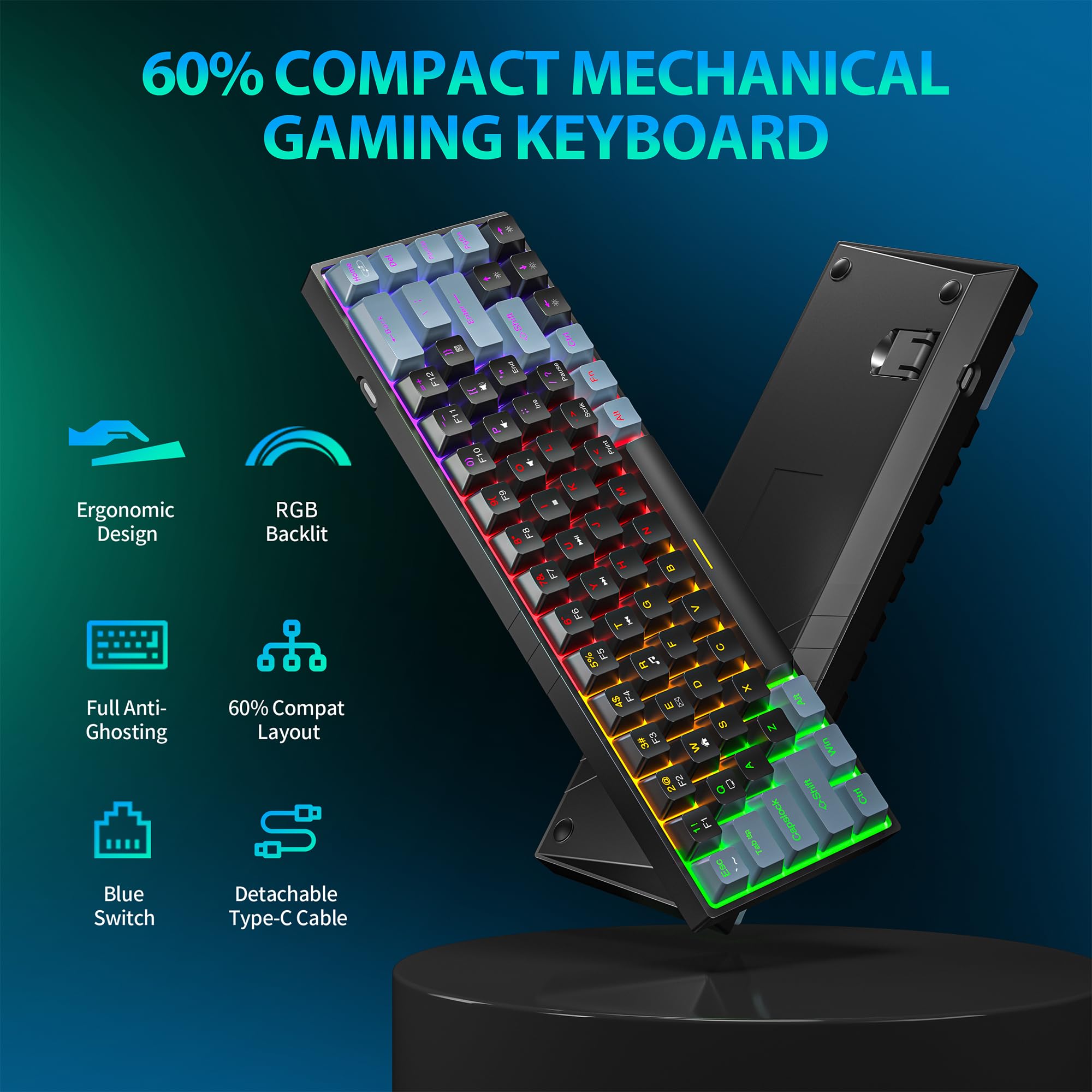 60% Percent Mechanical Gaming Keyboard, RGB Backlit 68 Keys Ultra-Compact Wired Keyboard with Detachable Type-C Cable, Full Anti-Ghost, Blue Switch Portable Mini Keyboard for Windows PC Mac Xbox Gamer