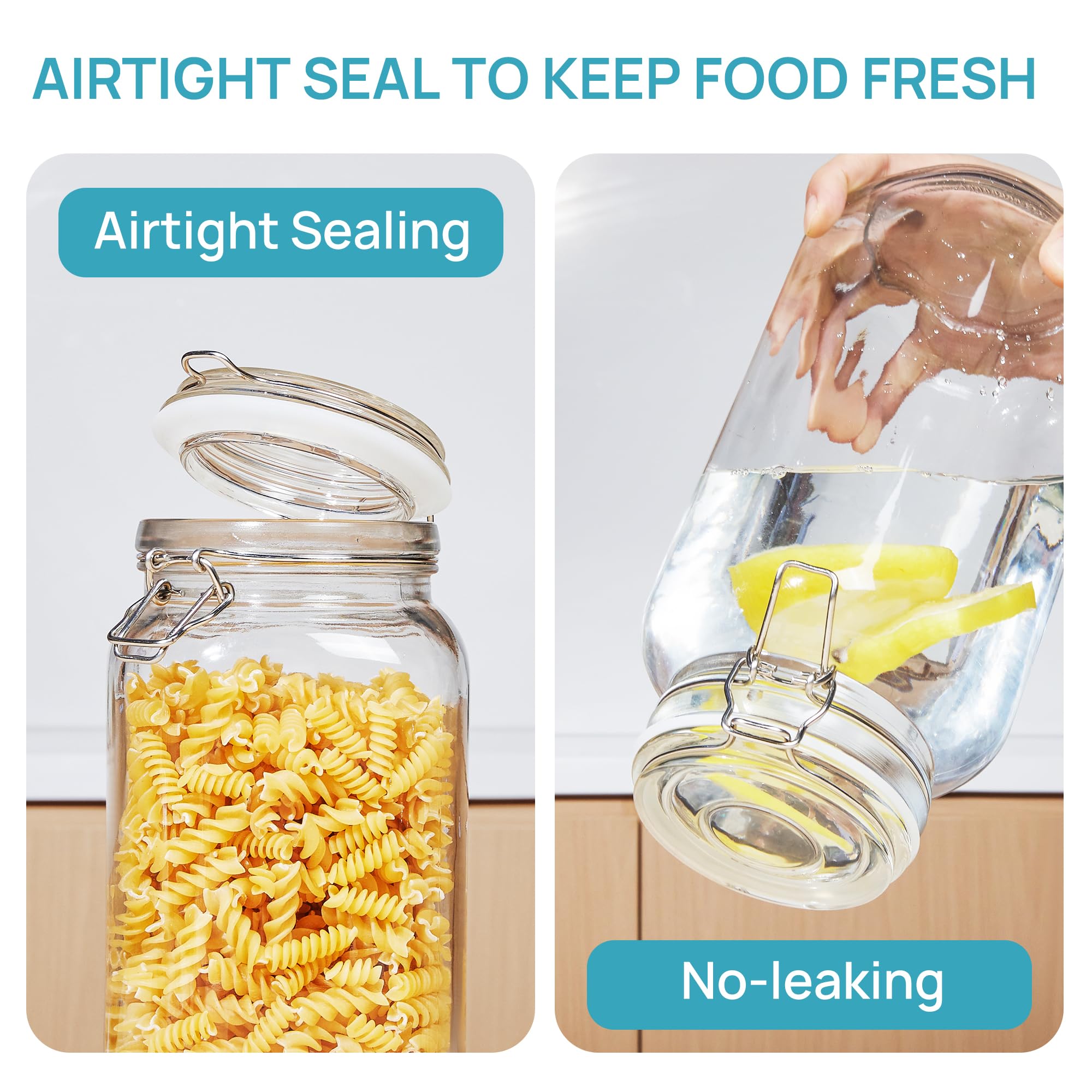 Vtopmart 78oz Glass Food Storage Jars with Airtight Clamp Lids, 3 Pack Large Kitchen Canisters for Flour, Cereal, Coffee, Pasta and Canning, Square Mason Jars with 8 Chalkboard Labels