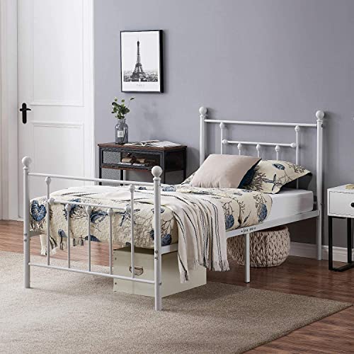 VECELO Twin Size Metal Platform Bed Frame with Headboard and Footboard, Sturdy Steel Slat Support/No Box Spring Needed Mattress Foundation/Easy Assemble,Victorian Style, Pure White