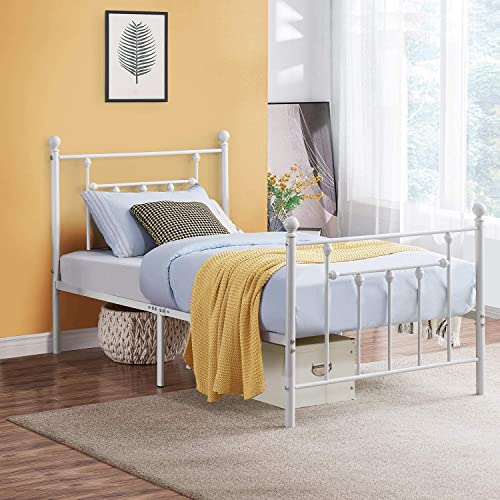 VECELO Twin Size Metal Platform Bed Frame with Headboard and Footboard, Sturdy Steel Slat Support/No Box Spring Needed Mattress Foundation/Easy Assemble,Victorian Style, Pure White