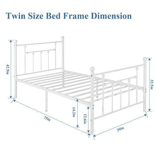 VECELO Twin Size Metal Platform Bed Frame with Headboard and Footboard, Sturdy Steel Slat Support/No Box Spring Needed Mattress Foundation/Easy Assemble,Victorian Style, Pure White