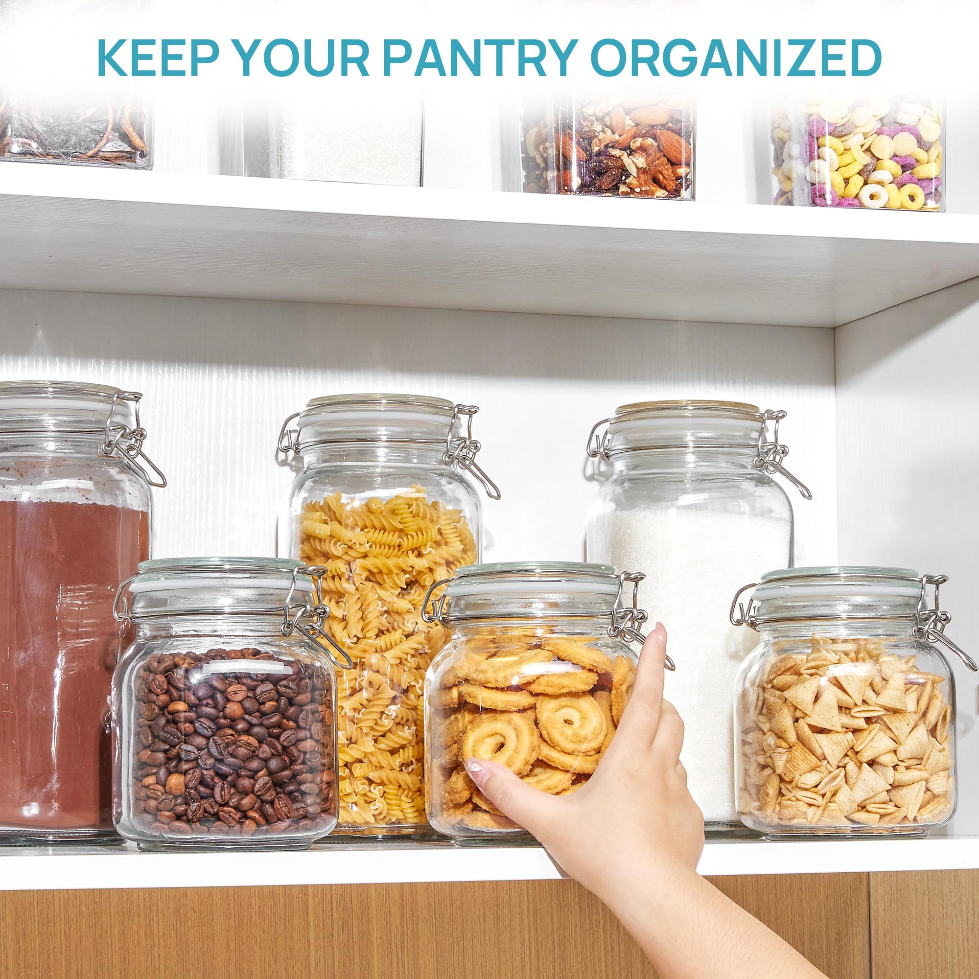 Vtopmart 78oz Glass Food Storage Jars with Airtight Clamp Lids, 3 Pack Large Kitchen Canisters for Flour, Cereal, Coffee, Pasta and Canning, Square Mason Jars with 8 Chalkboard Labels