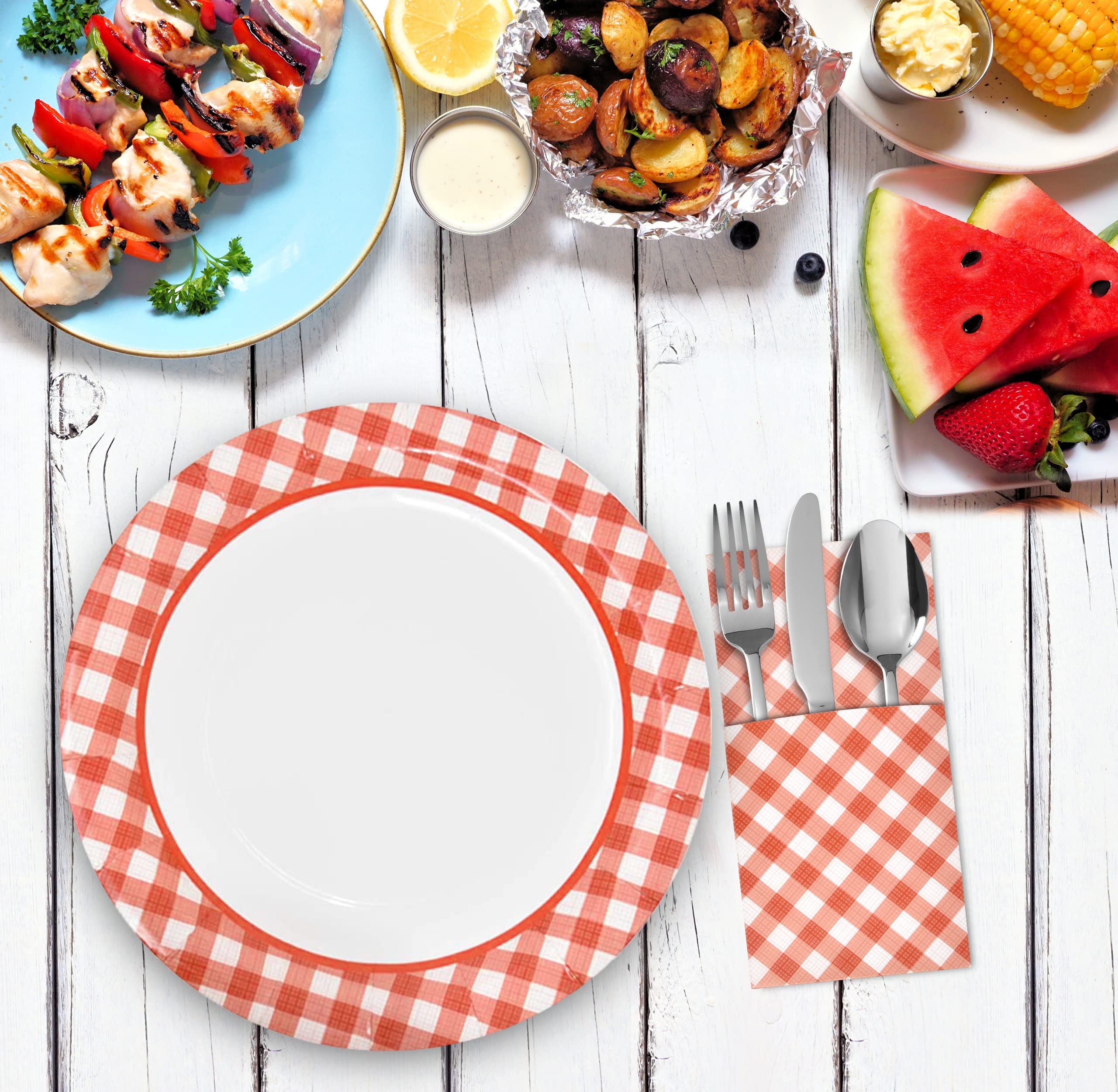 36 Picnic Barbecue Cutlery Holders Red and White Gingham Utensil Silverware Paper Pouch Pockets for Checkered Summer BBQ Table Place Settings Tableware Party Supplies Decorations for Knife Fork Spoon