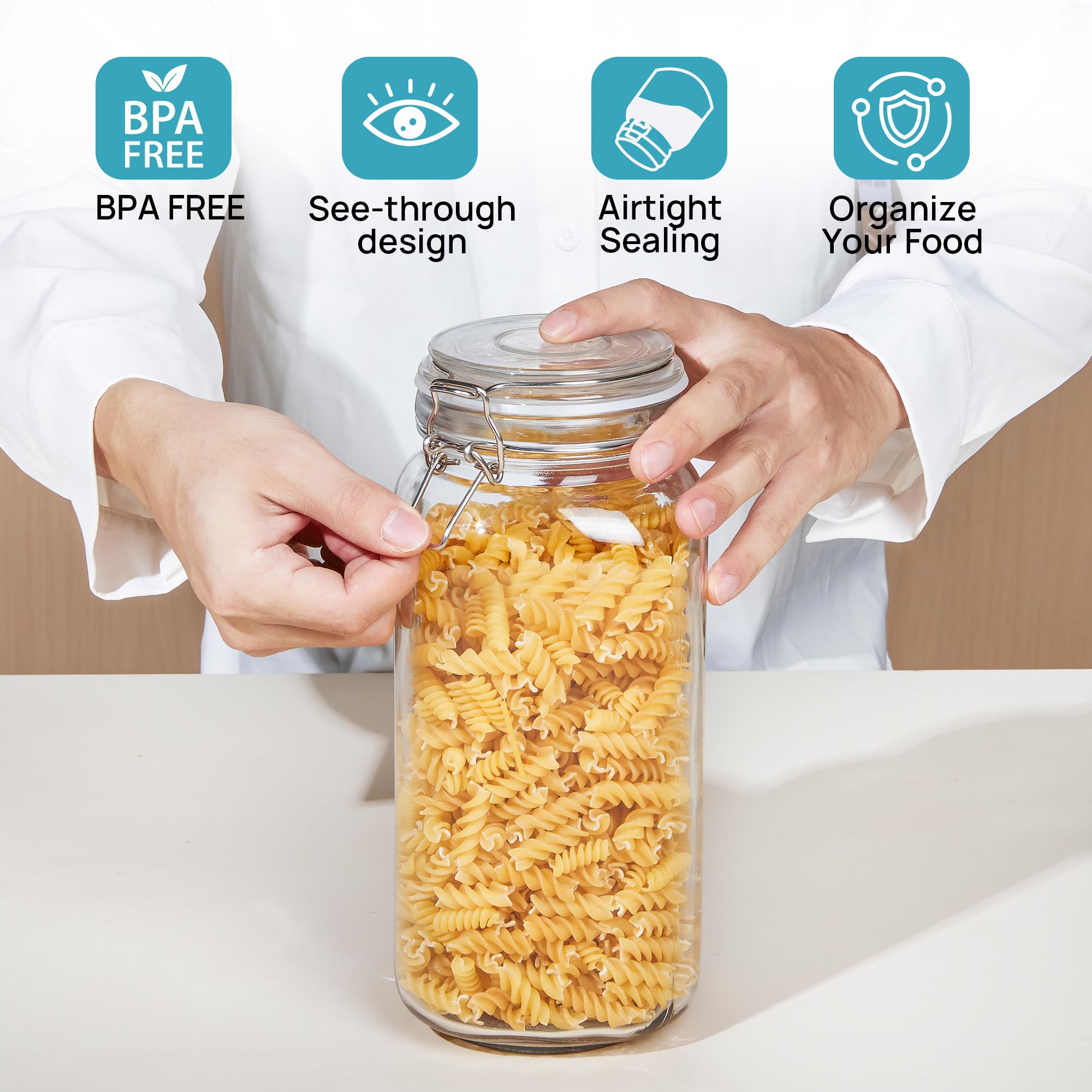Vtopmart 78oz Glass Food Storage Jars with Airtight Clamp Lids, 3 Pack Large Kitchen Canisters for Flour, Cereal, Coffee, Pasta and Canning, Square Mason Jars with 8 Chalkboard Labels
