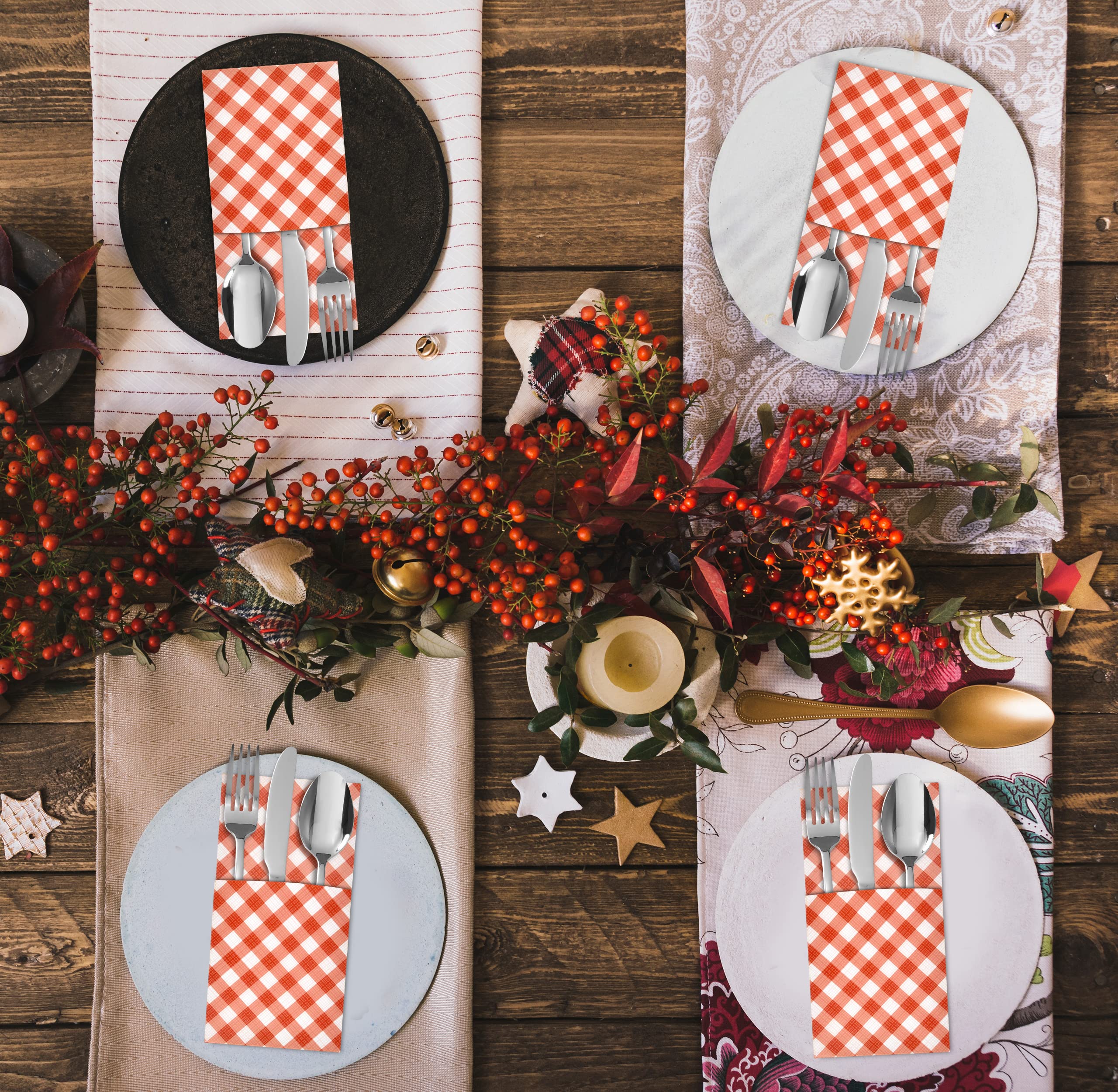 36 Picnic Barbecue Cutlery Holders Red and White Gingham Utensil Silverware Paper Pouch Pockets for Checkered Summer BBQ Table Place Settings Tableware Party Supplies Decorations for Knife Fork Spoon