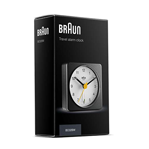 Braun Classic Travel Analogue Alarm Clock with Snooze and Light, Compact Size, Quiet Quartz Movement, Crescendo Beep Alarm in Black and White, Model BC02XBW.