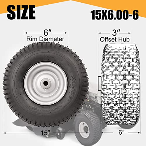 15x6.00-6 lawn mower tires,4 Ply Tubeless Front Tire Assembly Replacement for Craftsman Mower,570lbs Capacity,3"offset hub,3/4"Bushing, for More Lawn &Garden Riding Mower (2 Pack)