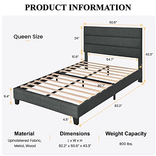 SHA CERLIN Queen Platform Bed Frame with Upholstered Fabric Headboard, Mattress Foundation with Strong Wooden Slats Support, No Box Spring Needed, Grey