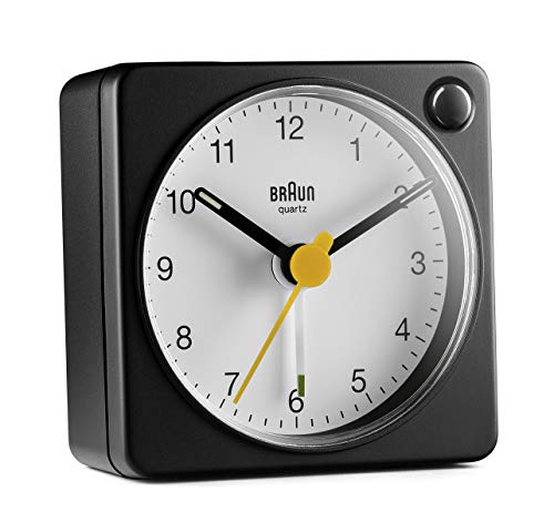 Braun Classic Travel Analogue Alarm Clock with Snooze and Light, Compact Size, Quiet Quartz Movement, Crescendo Beep Alarm in Black and White, Model BC02XBW.